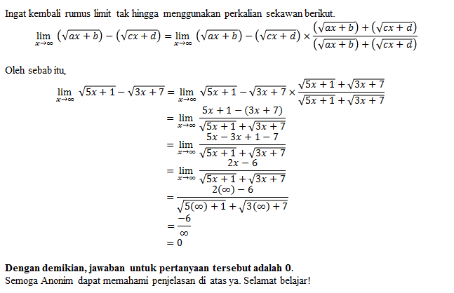 limit x mendekati tak terhingga akar 5x+1 - akar 3...