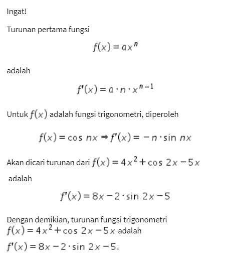 tentukan turunan pertama dari fungsi trigonometri ...