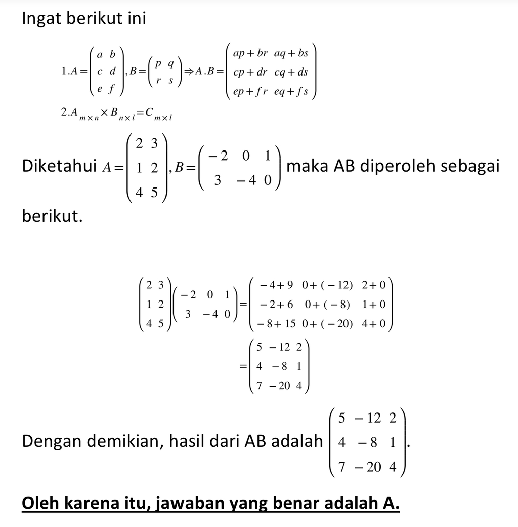 Diketahui matriks berordo 3x2, A=[(2 3)(1 2)(4 5)]...