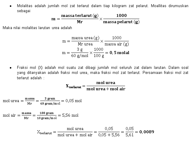 Larutan urea dibuat dengan melarutkan 3 gram urea ...