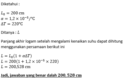 sebatang logam memiliki panjang 200 cm jika koefis...