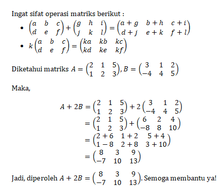 Diketahui matriks berordo 2x3, A=[(2 1 5)(1 2 3)],...