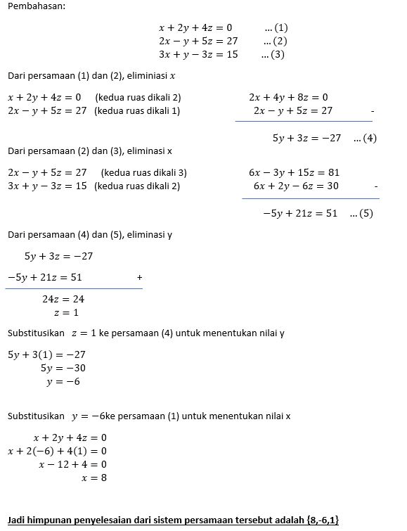 Diketahui sistem persamaan linear tiga variabel be...