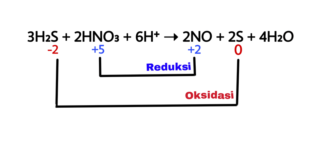 3 H2S + 2 HNO3 + 6 H+ —> 2 NO + 2 S + 4 H2O Sp...