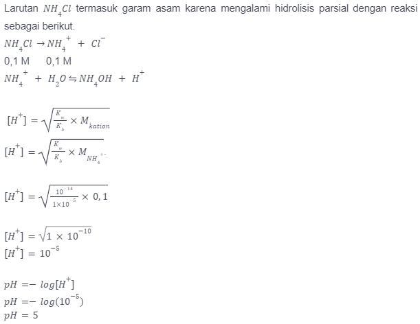 tentukan lah ph larutan berikut NH4Cl 0,1 m kb NH...