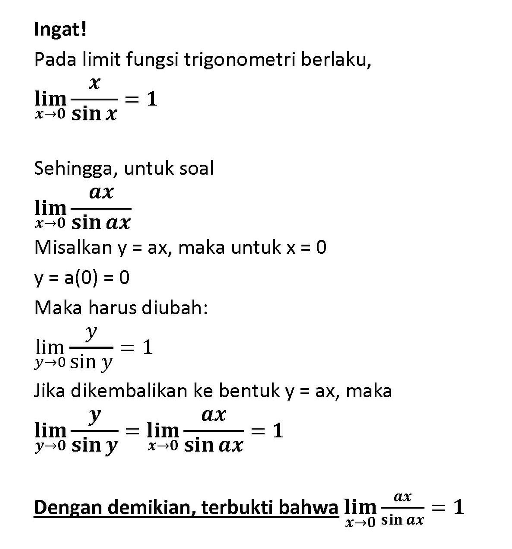 Tunjukkan bahwa: lim (x-->0) x/(sin x) = 1