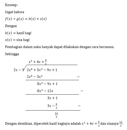 tentukan hasil bagi dan sisa pembagian 2x^3+5x^2-9...