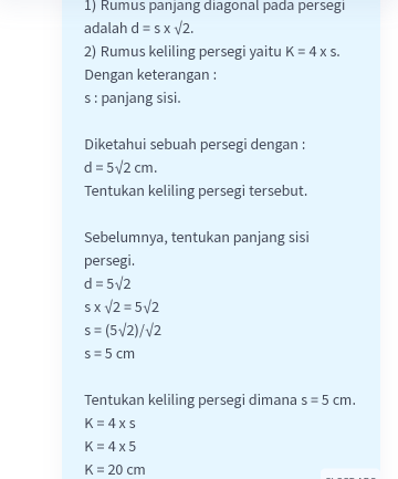 Sebuah persegi mempunyai panjang diagonal 5 akar k...