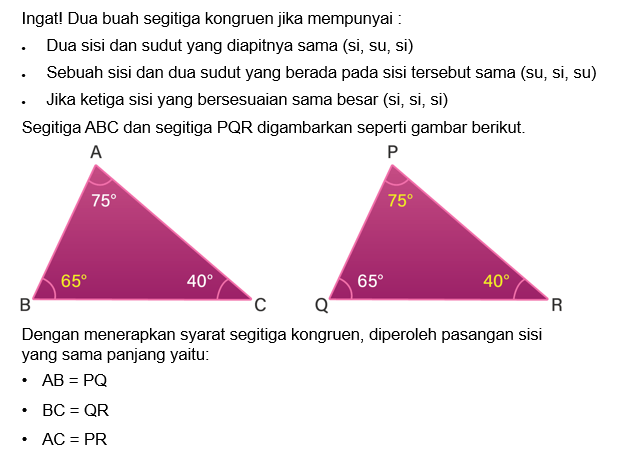 diketahui sudut abc dan sudut pqr kuongruen jika b...