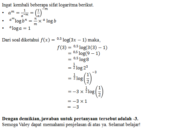 Jika rumus fungsi f(x)=^(0,5)log(3x−1), nilai f(3)...