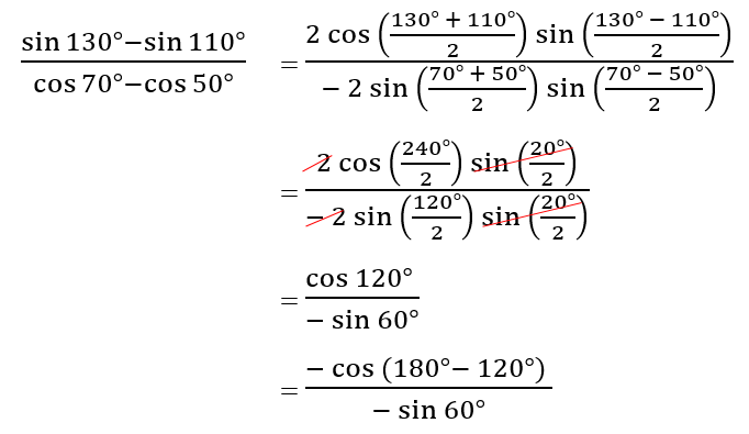 Nilai dari (sin 130°-sin 110°)/(cos 70°-cos 50°) s...
