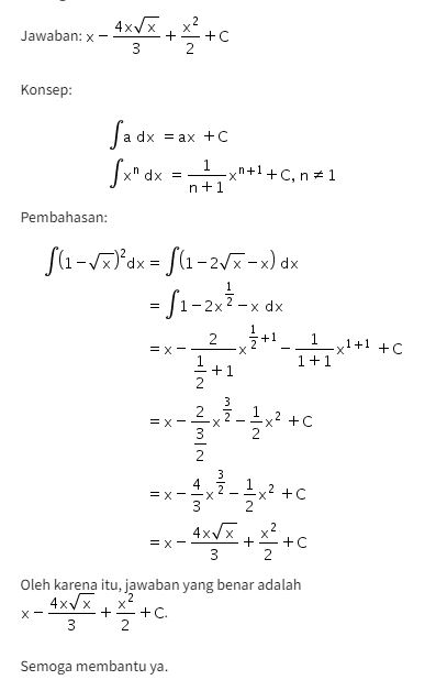 hasil integral (1- akar x)^2 dx