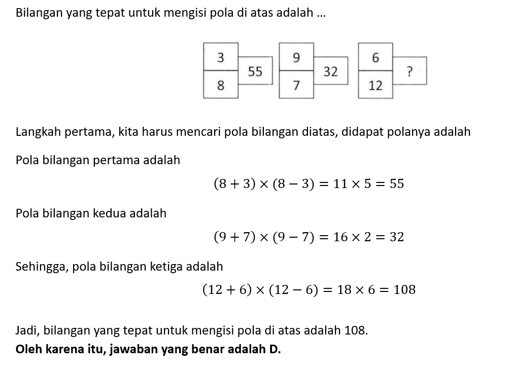 Bilangan yang tepat untuk mengisi pola di atas ada...