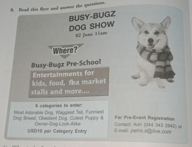 Read this flyer and answer the questions. 6) Wha...