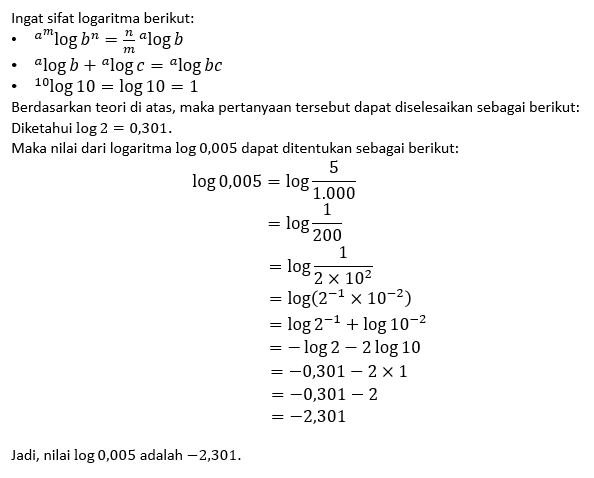 Jika diketahui nilai log2=0,301, tentukan nilai lo...