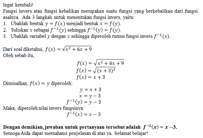 f(x)=√x*2+6x+9,tentukan invers fungsinya...