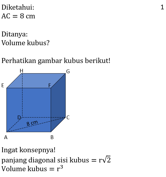Suatu kubus ABCD.EFGH diketahui panjang AC=8cm. Hi...