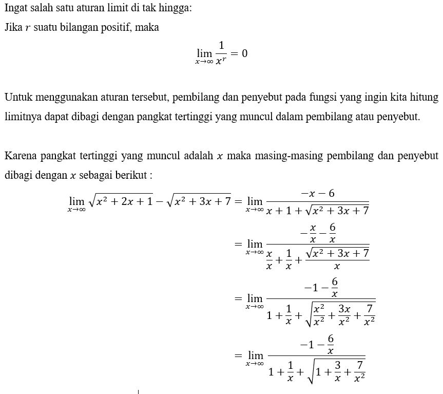 3. lim_(x→~) akar(x^(2)+2x+1)-akar(x^(2)+3x+7)...