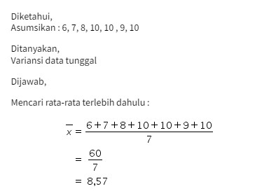 variansi data tunggal 6, 7, 8, 10/10,9 ,10 adalah ...