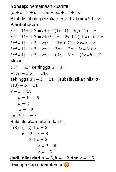tentukan nilai a,b dan c dari kesamaan berikut 3x²...