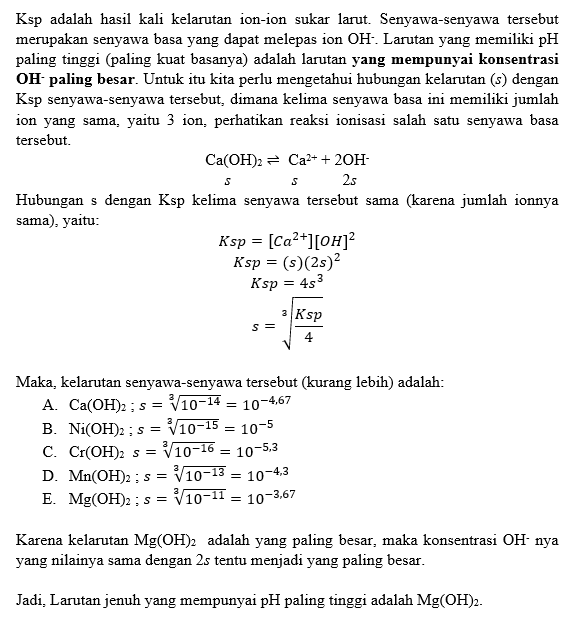 Larutan jenuh berikut yang mempunyai pH paling tin...