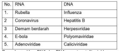 Perhatikan tabel pengelompokan Virus RNA dan DNA b...
