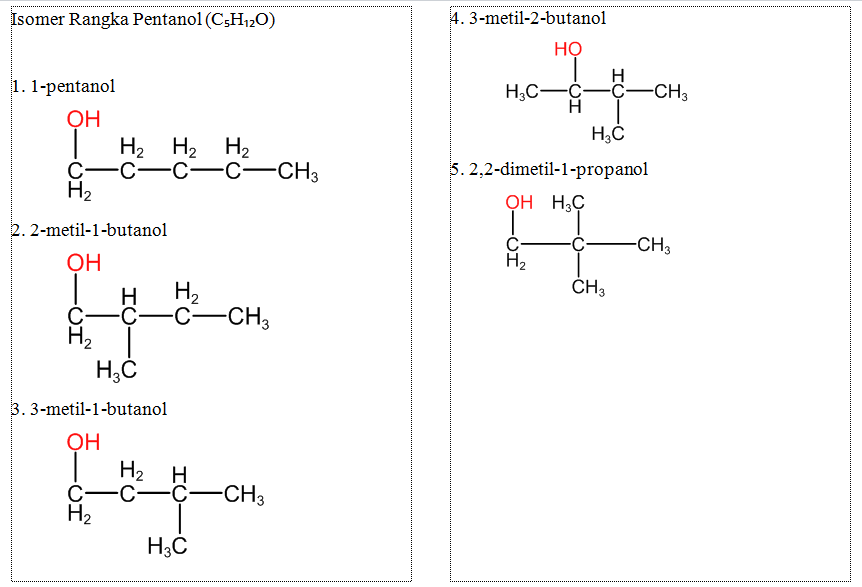 Isomer rangka dari senyawa pentanol (C5 H12 O)...