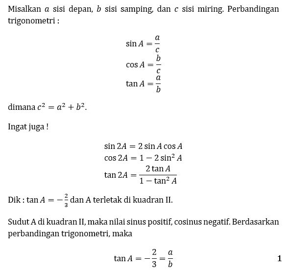 Tentukan nilai dari 2A, Cos 2A dan Tan 2A jika dik...