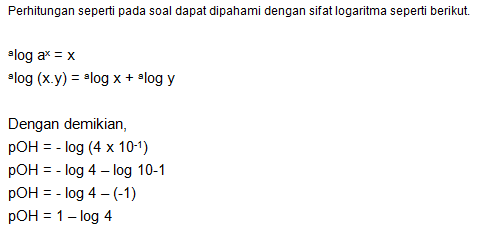 kenapa pOH = -log [ 4 x 10^-1 ] bisa menjadi pOH