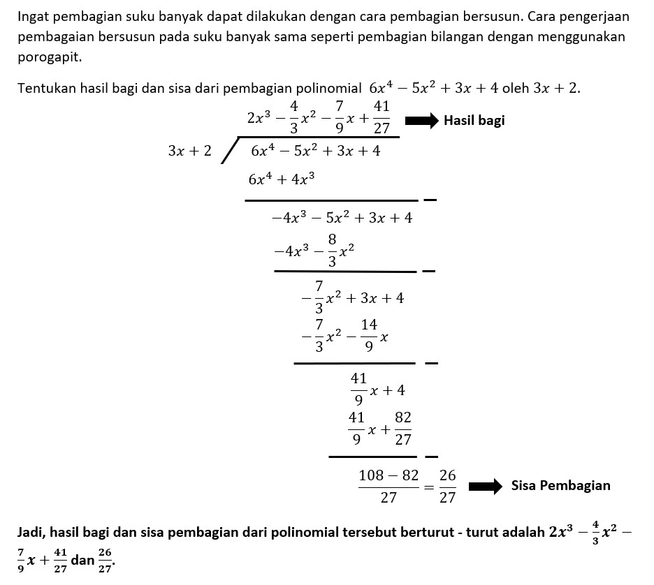 Cara susun hasil bagi dan sisa dari pembagian poli...