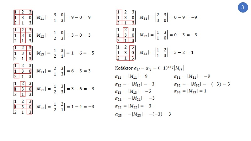 Tentukan invers matriks berordo 3x3 berikut. A=[(1...