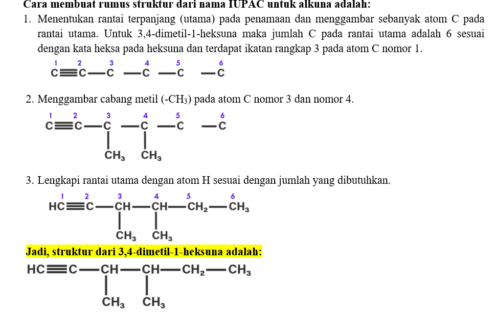 Tuliskan struktur dari nama alkuna berikut. 3,4-d...