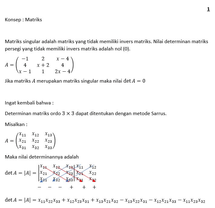 Diketahui matriks berordo 3x3, A=[(-1 2 x-4)(4 x+2...