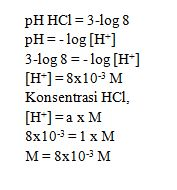 Tentukan konsentrasi HCl yang memiliki pH = 3 -log...