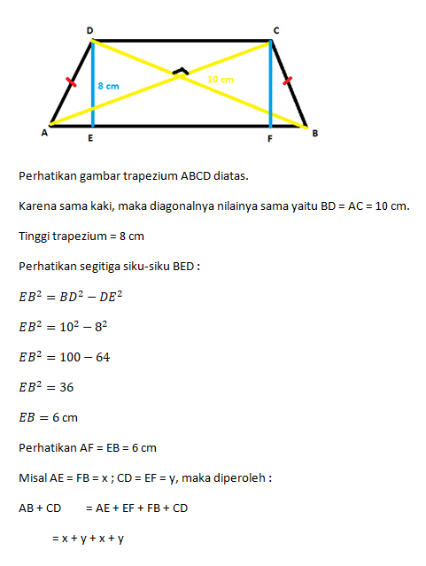 Pada sebuah trapesium dengan tinggi 8 satuan, kedu...