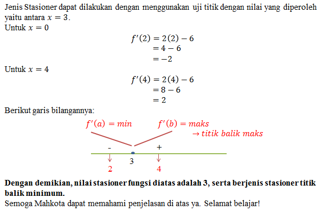Tentukan nilai stasioner dan jenisnya pada fungsi ...