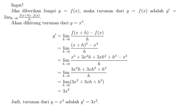 Tentukan turunan pertama dari f(x) = x³ dengan tur...