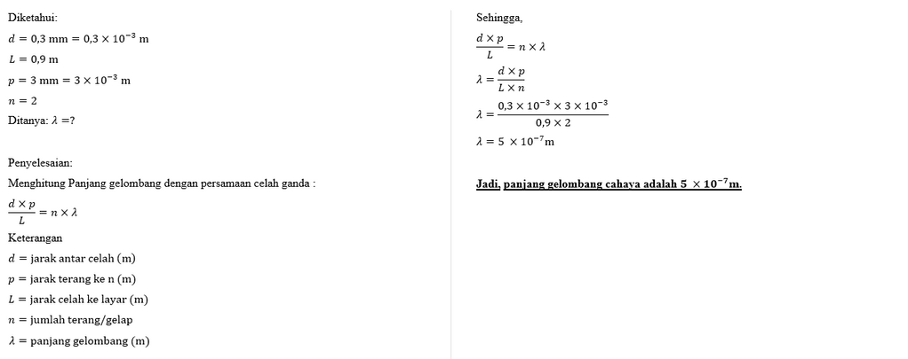 dua buah celah sempit terpisah pada jarak 0.3mm di...