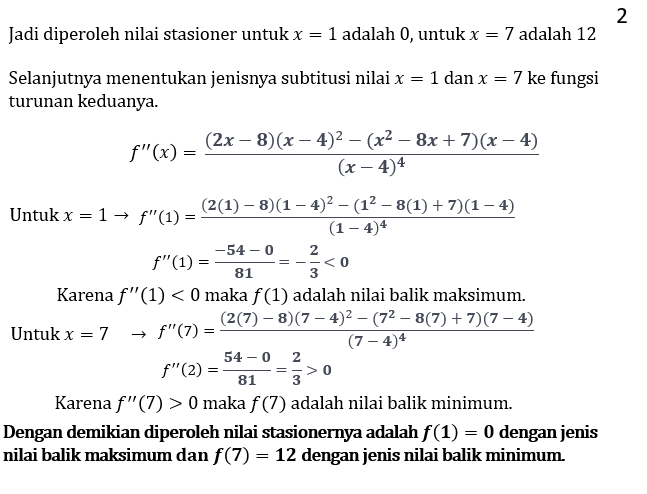 Tentukan nilai stasioner dan jenisnya pada fungsi ...