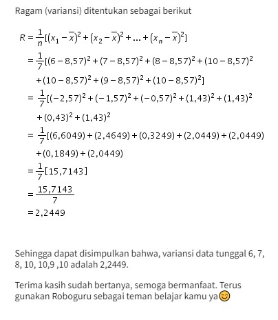 variansi data tunggal 6, 7, 8, 10/10,9 ,10 adalah ...
