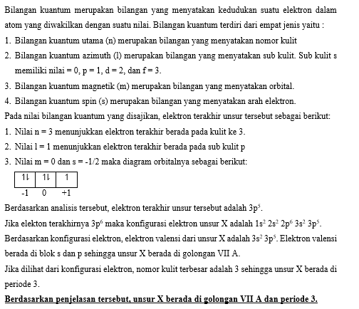 Atom X memiliki elektron terakhir dengan bilangan ...
