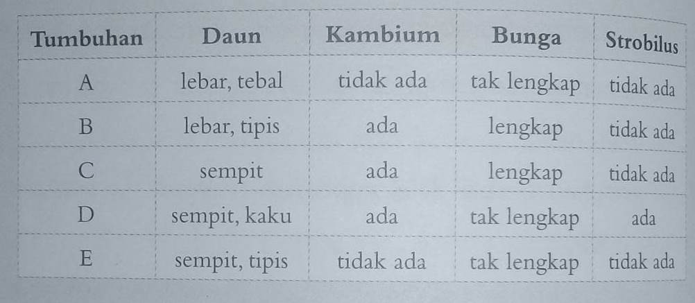 Tabel di bawah ini memuat ciri beberapa tumbuhan.