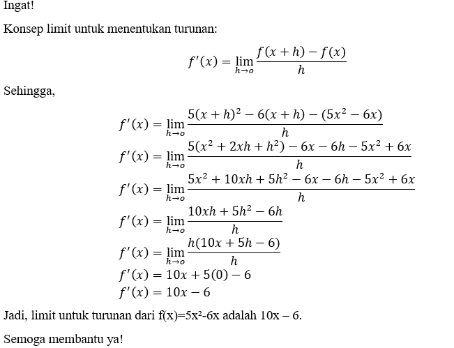 Gunakan konsep limit untuk menentukan turunan dari...