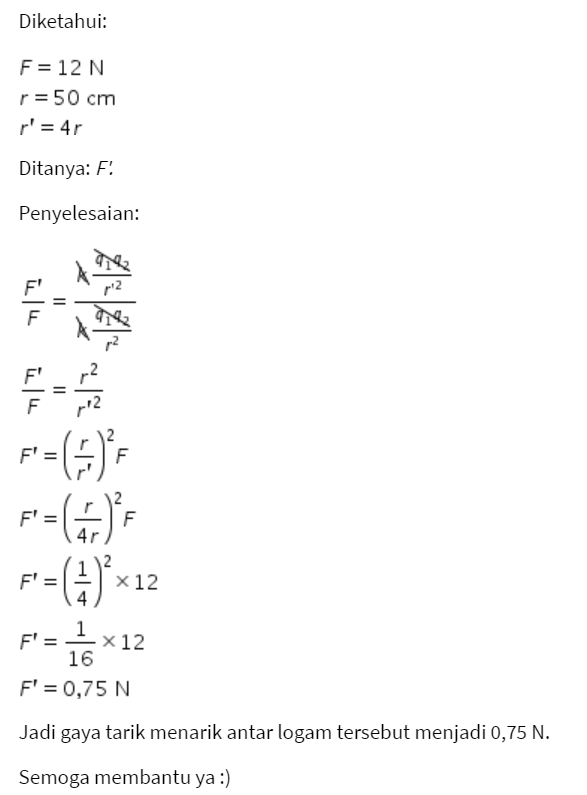 Dua keping logam bermuatan yang terpisah sejauh 50...