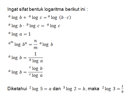 bila diketahui 2log5=a dan 3log2=b. tentukan nilai...