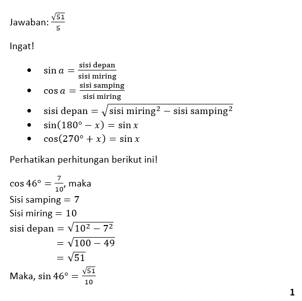 jika diketahui cos 46°=7/10 (nilai pembulatan), ni...