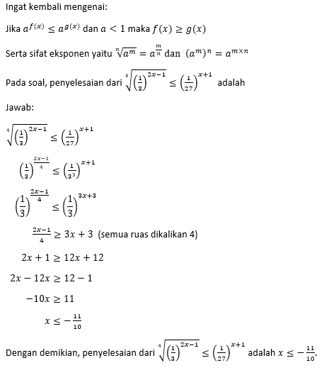 4 akar pangkat dari (⅓) pangkat 2x-1 lebih kecil s...