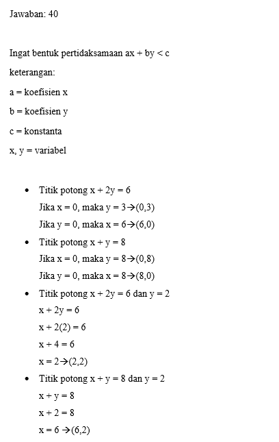 Nilai maksimum fungsi objektif f(x,y)= 4x+5y yang ...