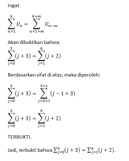 Buktikan: sum_(j=0}^(5) (j+3) = sum_(j=1}^{6) (j+2...