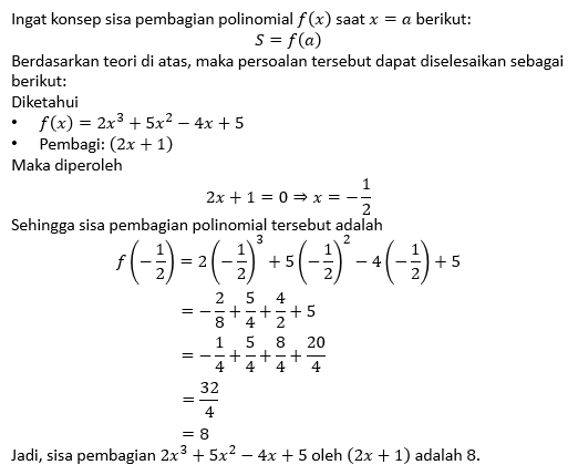 sisa pembagian polinomial 2x³ + 5x² - 4x + 5 oleh ...